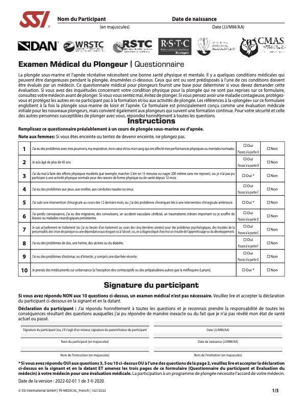 Questionnaire médical :: Aqua Tao